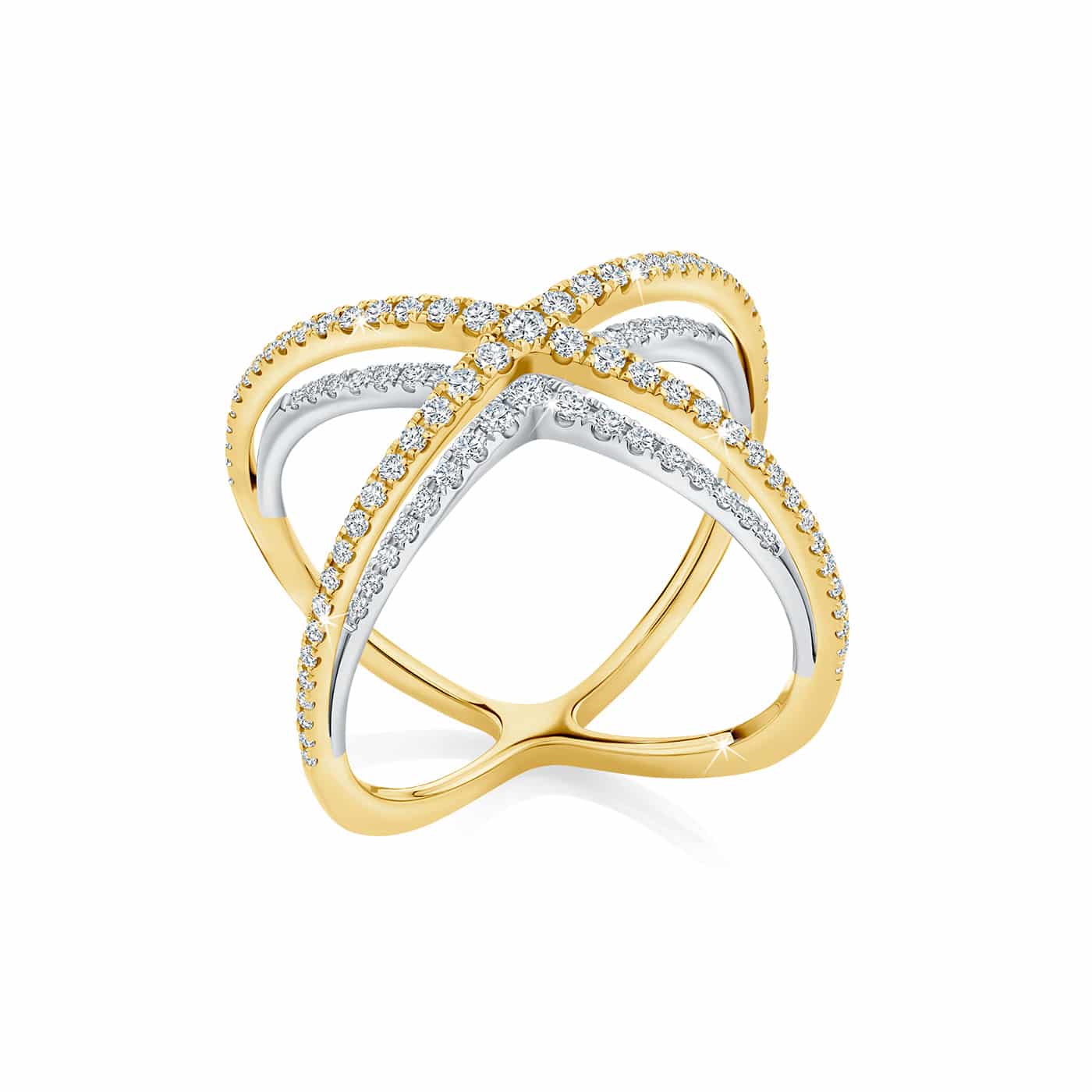 18ct Yellow & White Gold Diamond Set Cross Over Dress Ring - Fine ...