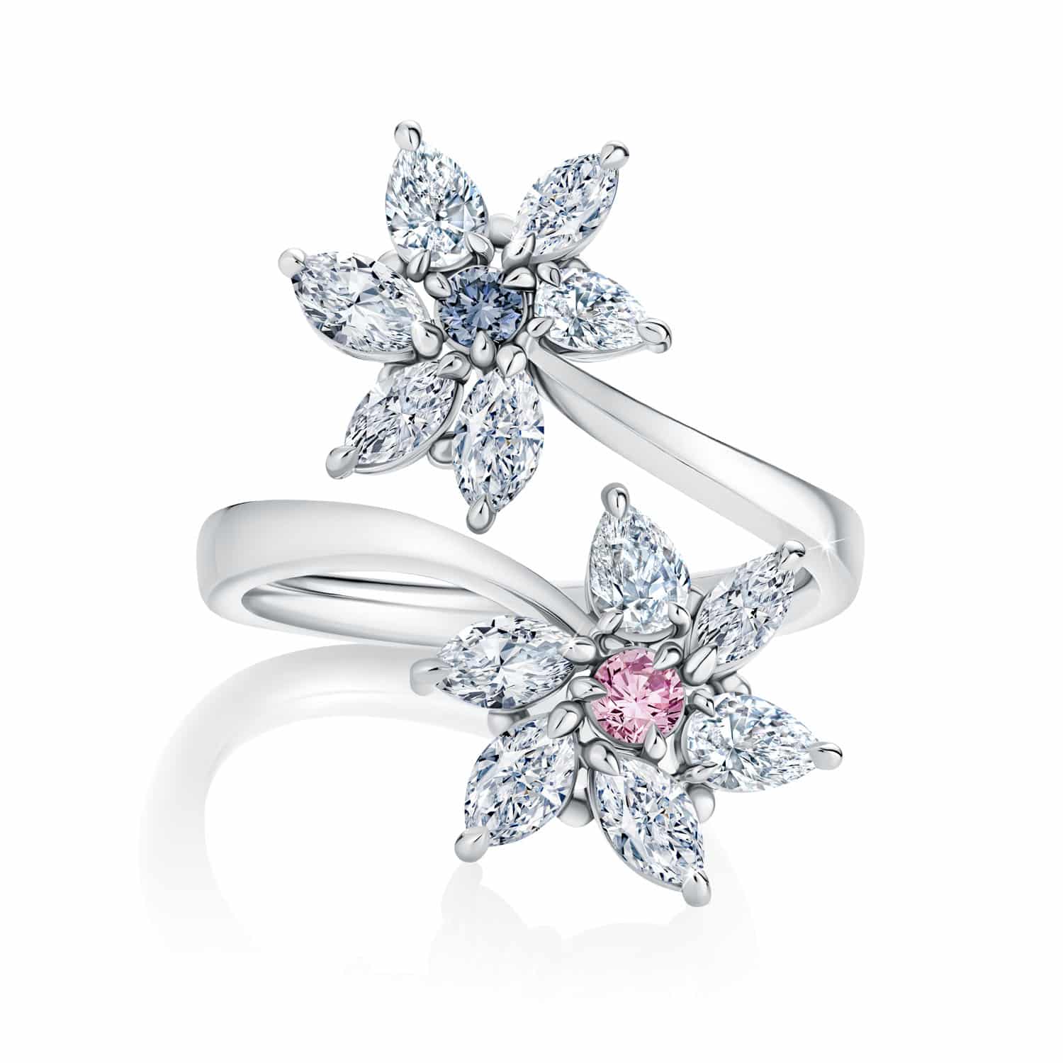 Azure Rose Platinum Pink and Blue Argyle Diamond™ Double Floral Ring ...