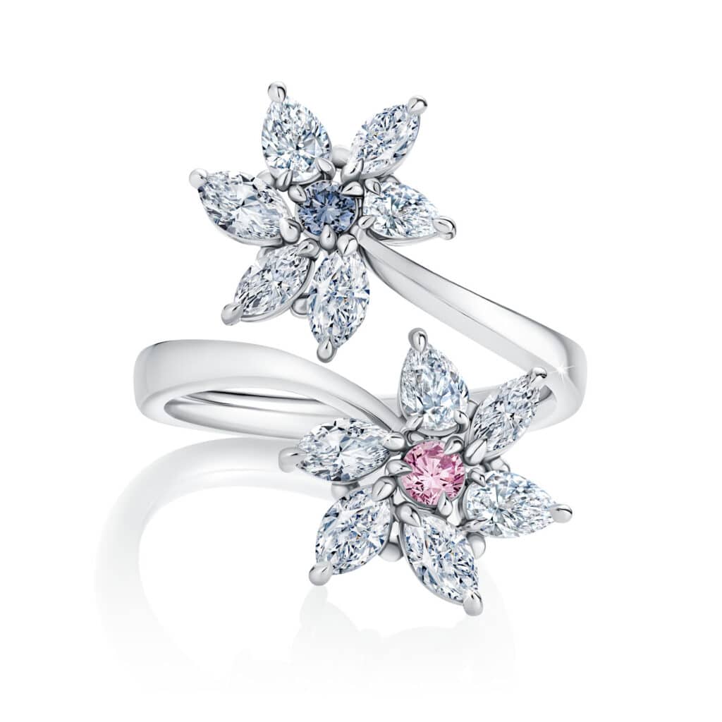 Azure Rose Platinum Pink and Blue Argyle Diamond™ Double Floral Ring - Fine Jewellery and Argyle ...