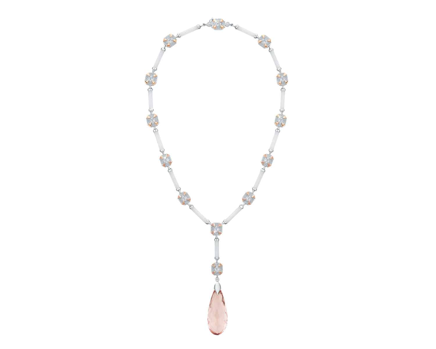 Adira Platinum & 18ct Rose Gold Briolette Morganite Drop Pendant on White Jade, White Diamonds ...